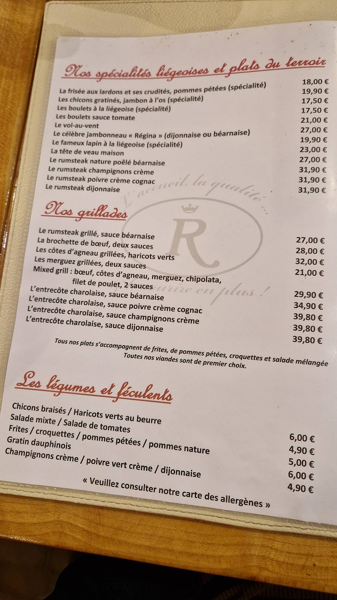 Menu au Le Régina pub et bar, Liège