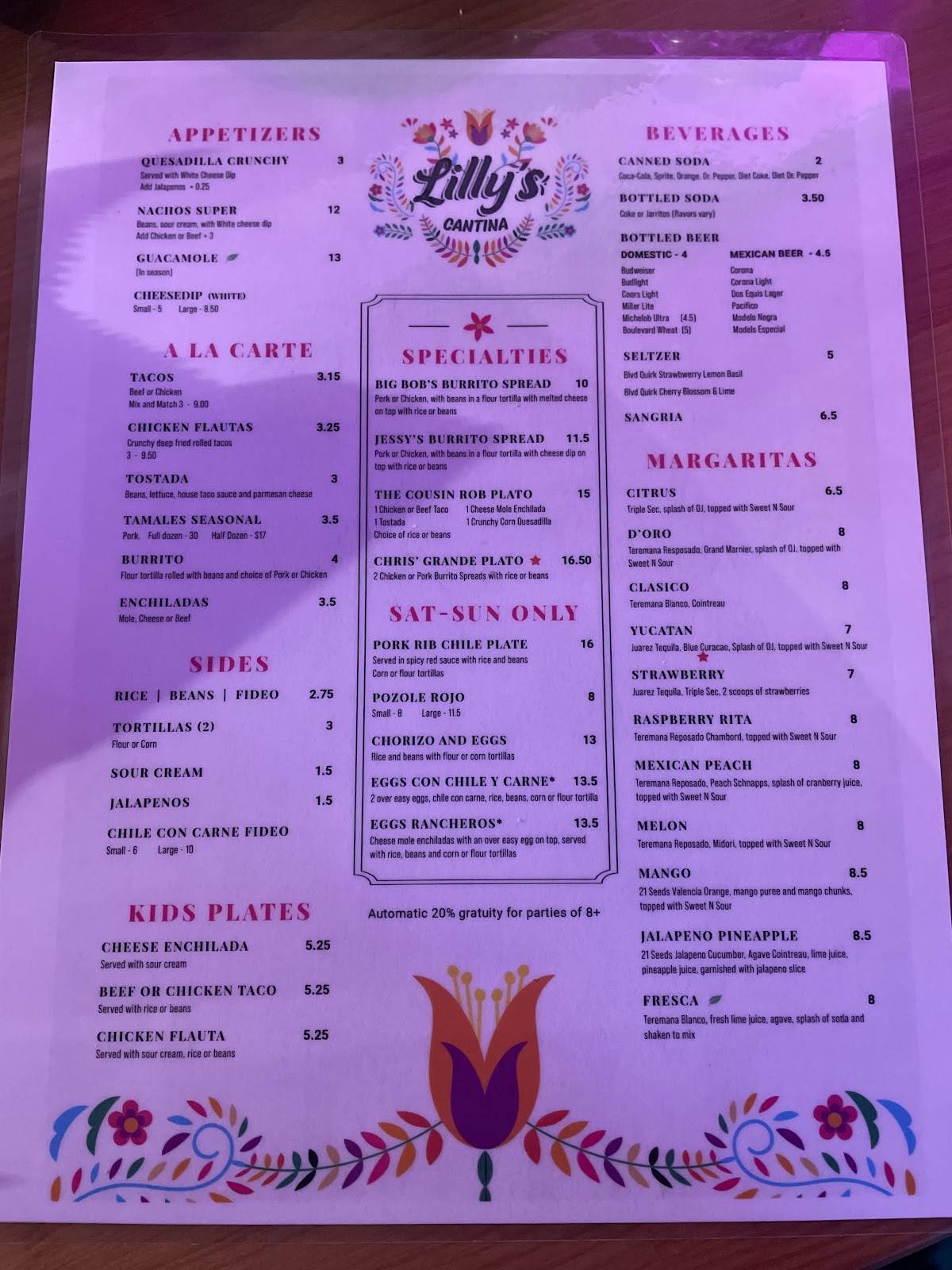 Menu at Lilly's Cantina restaurant, Kansas City