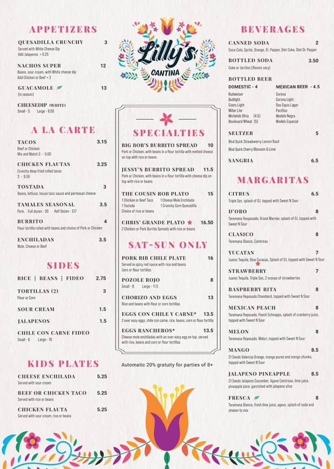 Menu at Lilly's Cantina restaurant, Kansas City