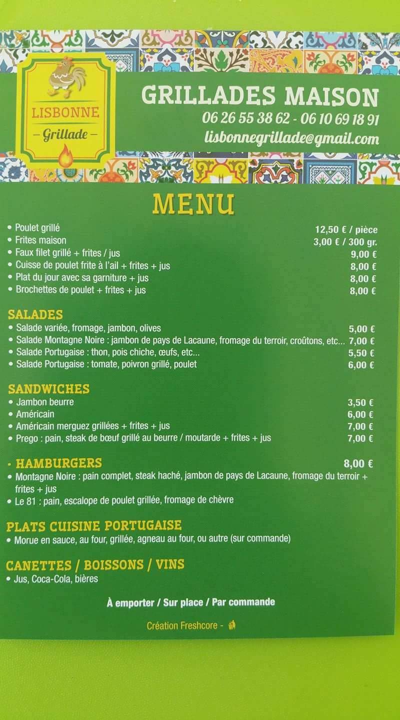 Carta del restaurante Lisbonne Grillade, Soual