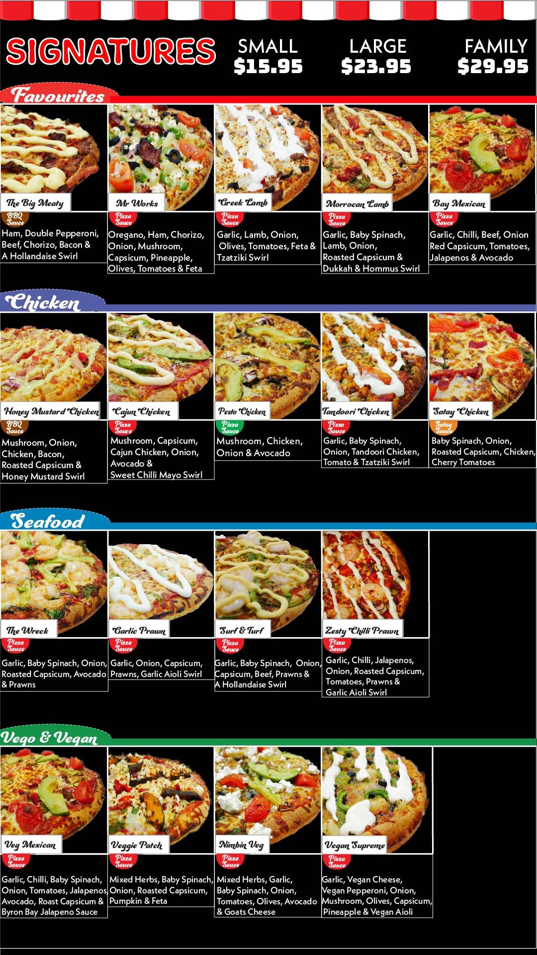 Menu at Mr Mozzarella pizzeria, Lismore