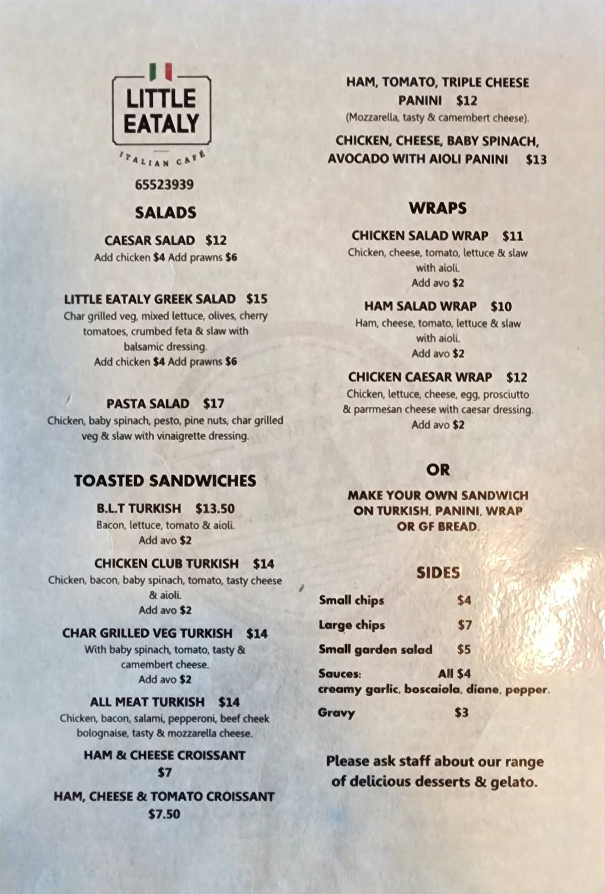 Menu at Little Eataly Cafe Restaurant - Taree, Taree