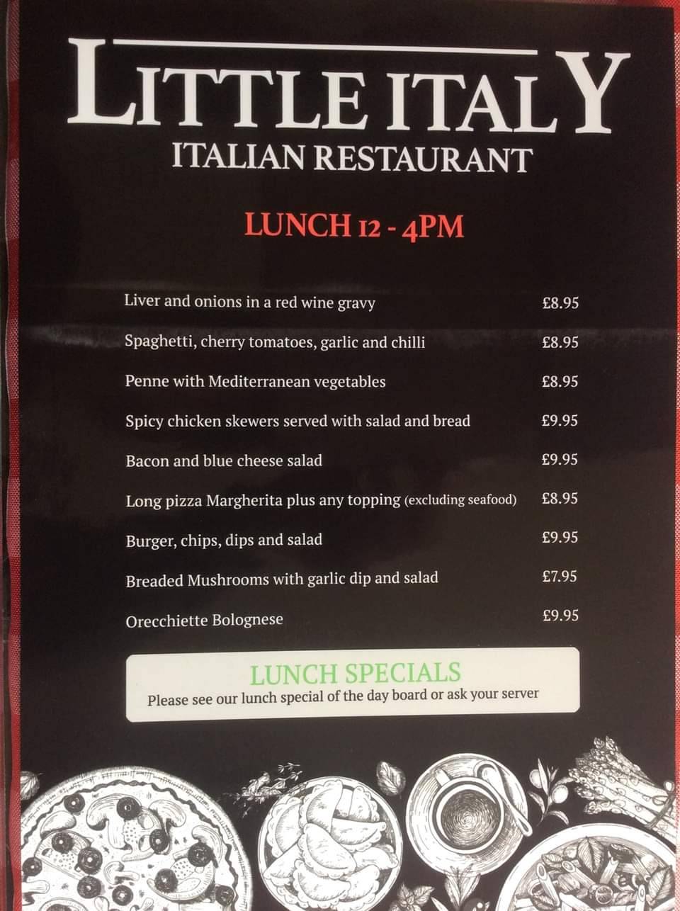 Menu at Little Italy restaurant, Inverness