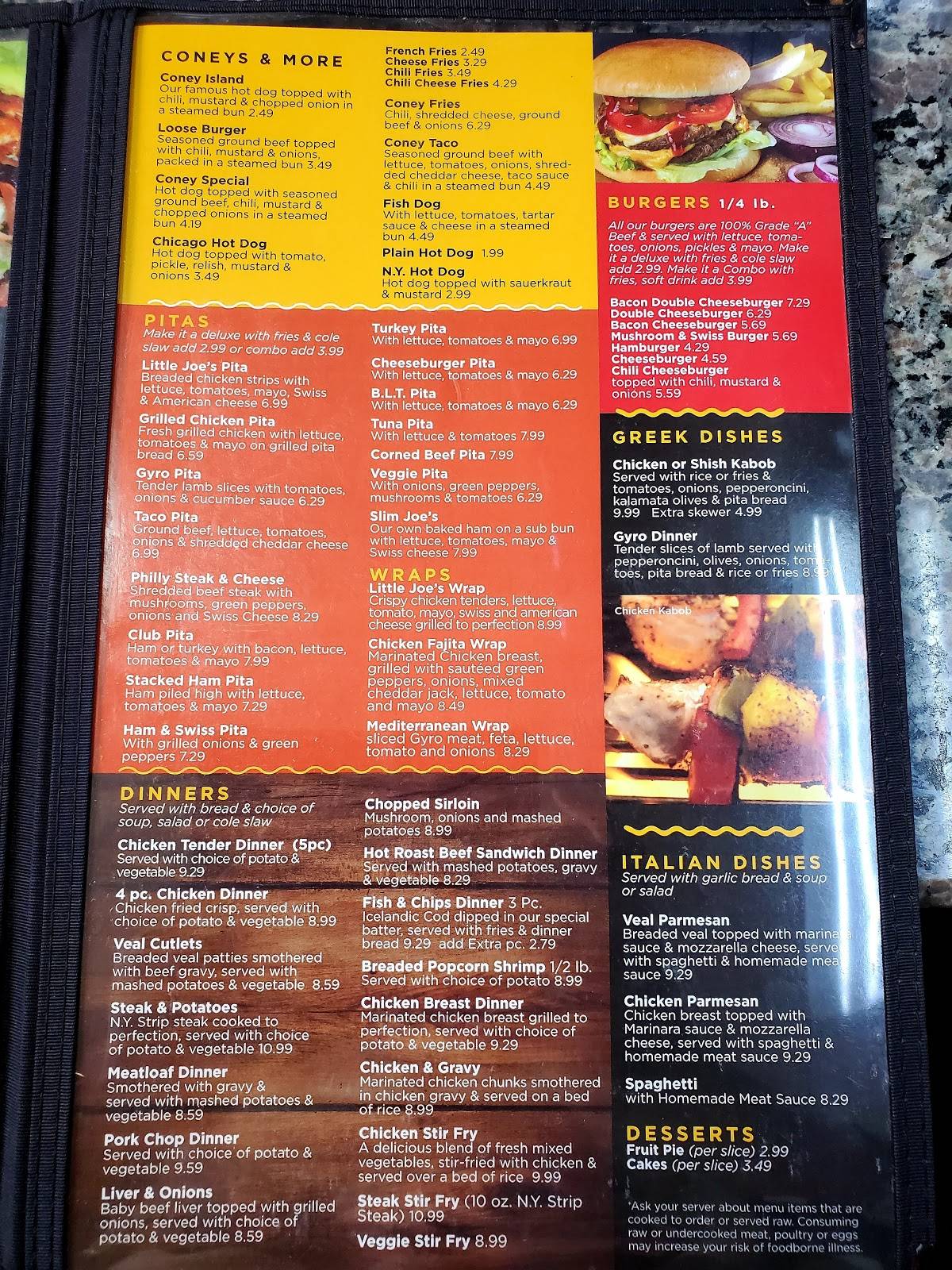 Menu at Little Joe's Coney Island restaurant, Warren