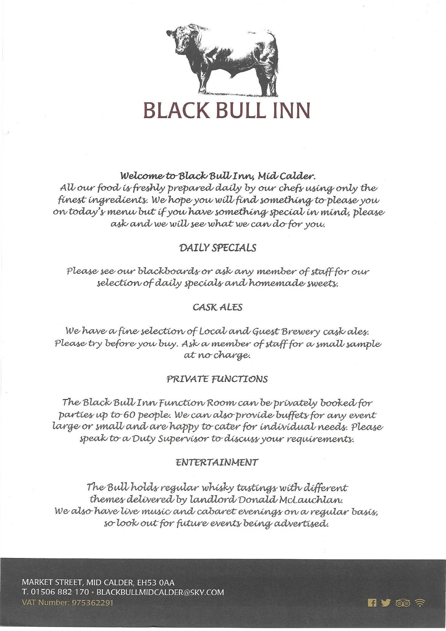 Menu at Black Bull Inn restaurant, Livingston