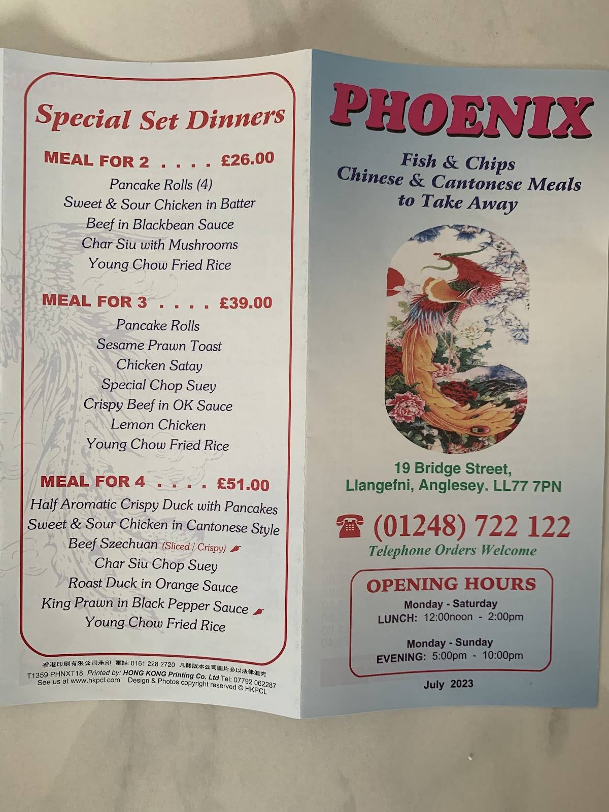Menu at Phoenix fast food, Llangefni