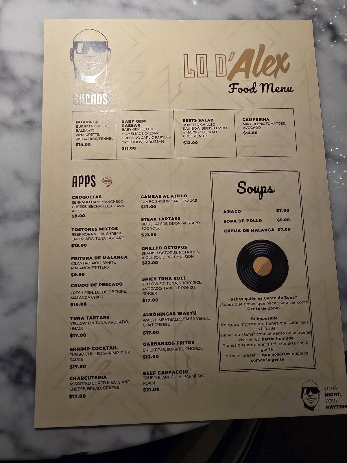 Menu at Lo D' Alex restaurant, Miami