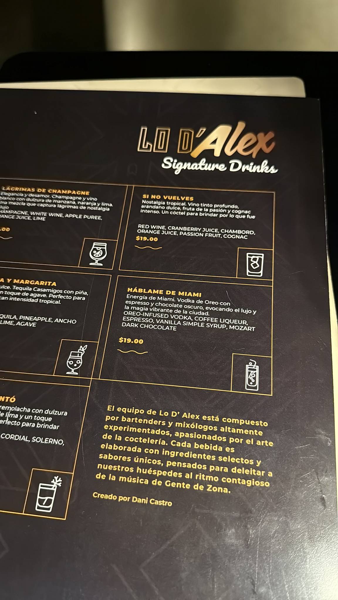 Menu at Lo D' Alex restaurant, Miami