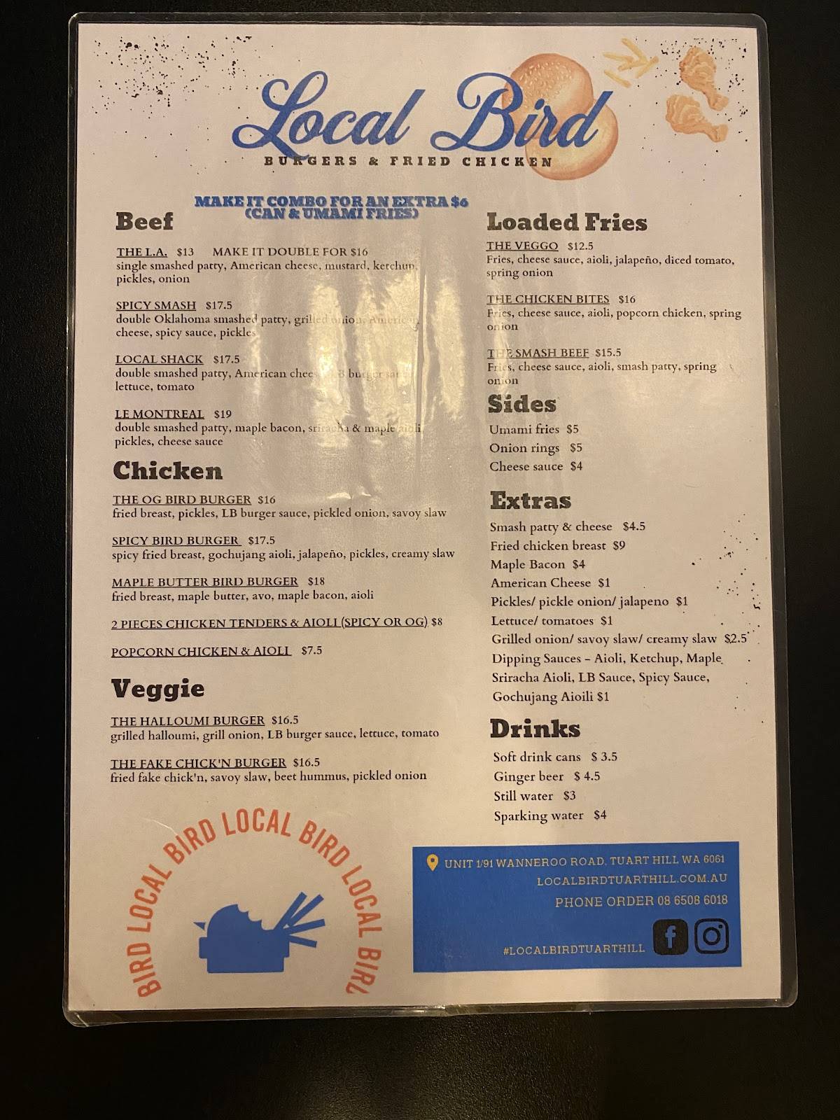Menu at Local Bird restaurant, Tuart Hill