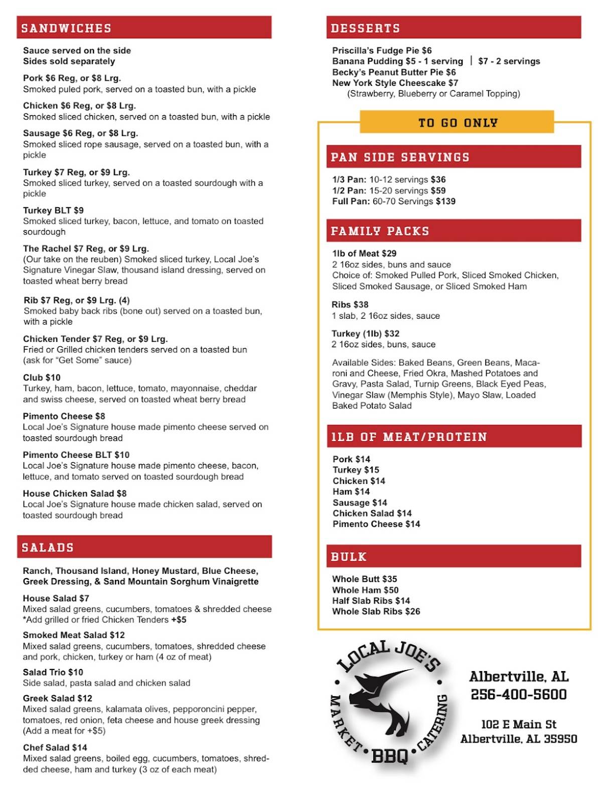 Menu at Local Joe’s Albertville BBQ, Albertville