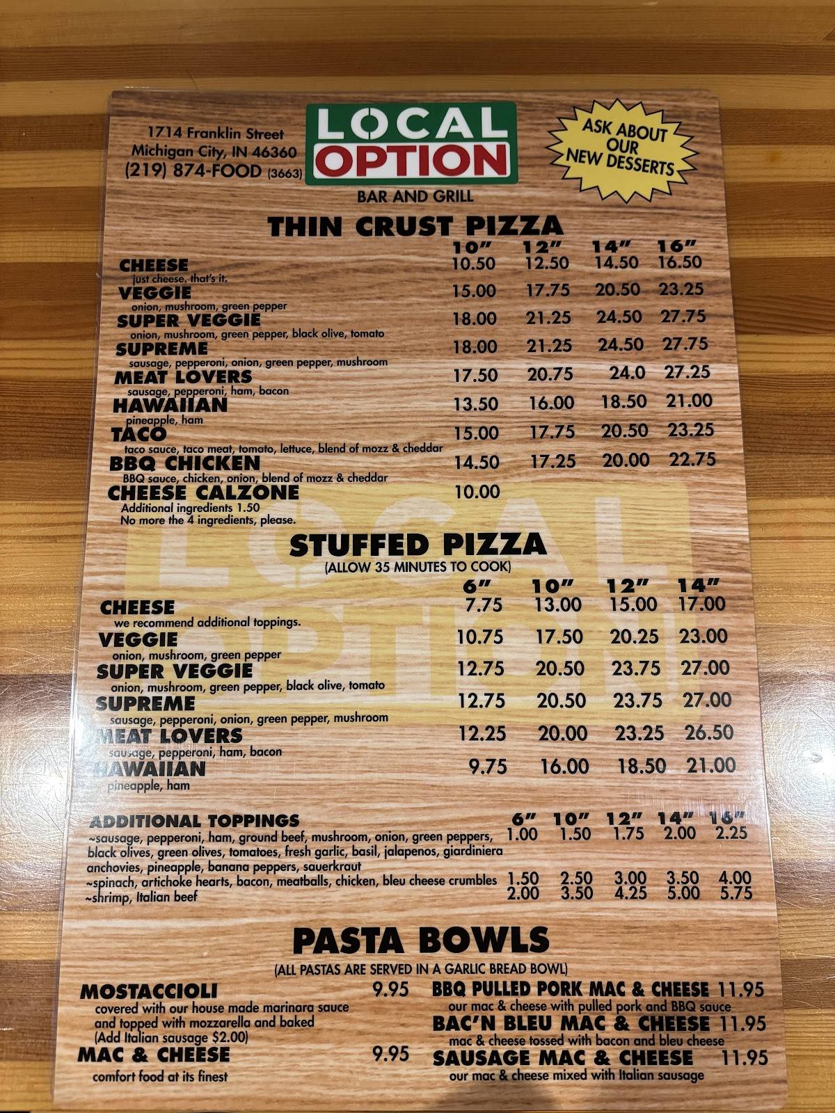 Menu at Local Option pub & bar, Michigan City, Franklin St