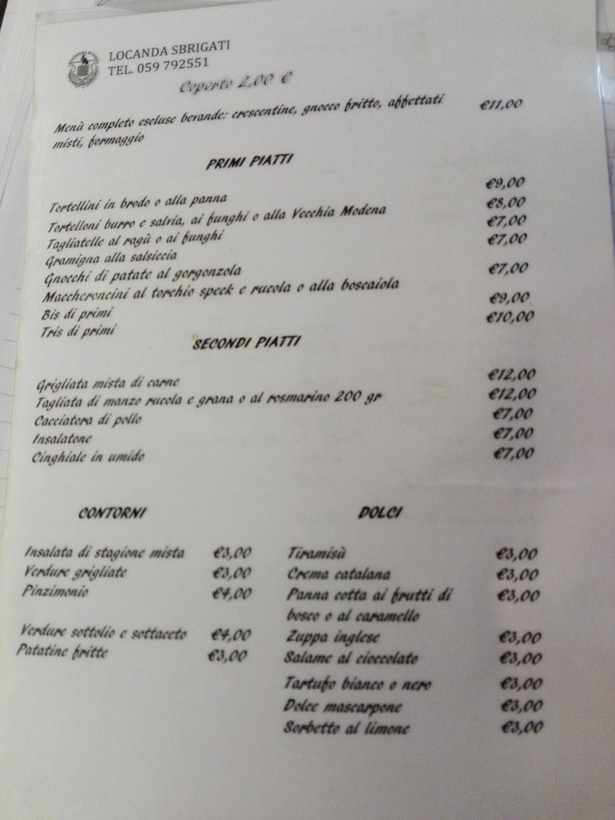 Menu at Locanda Sbrigati restaurant, Guiglia