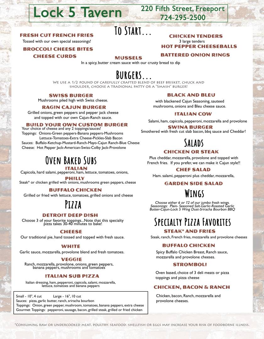 Menu at Lock 5 Tavern pub & bar, Freeport