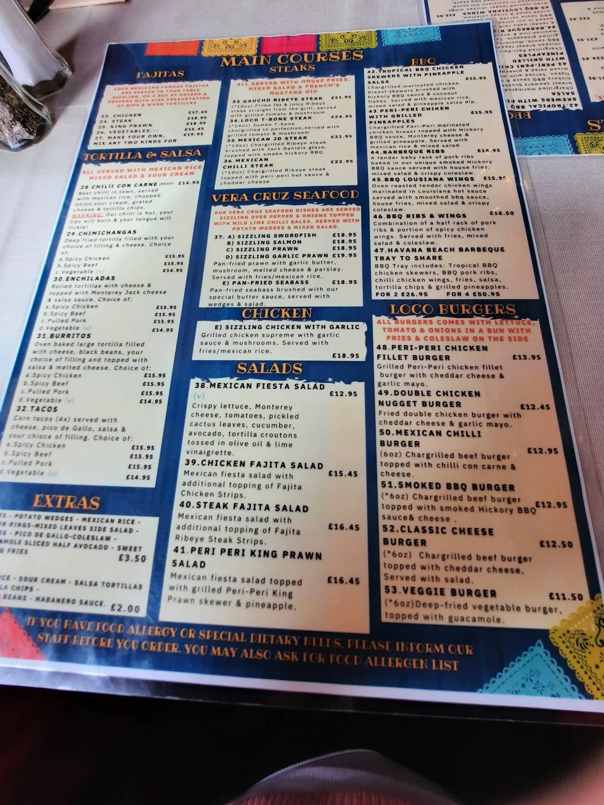 Menu at Loco Mexicano restaurant, London, 64-65 Wilton Rd