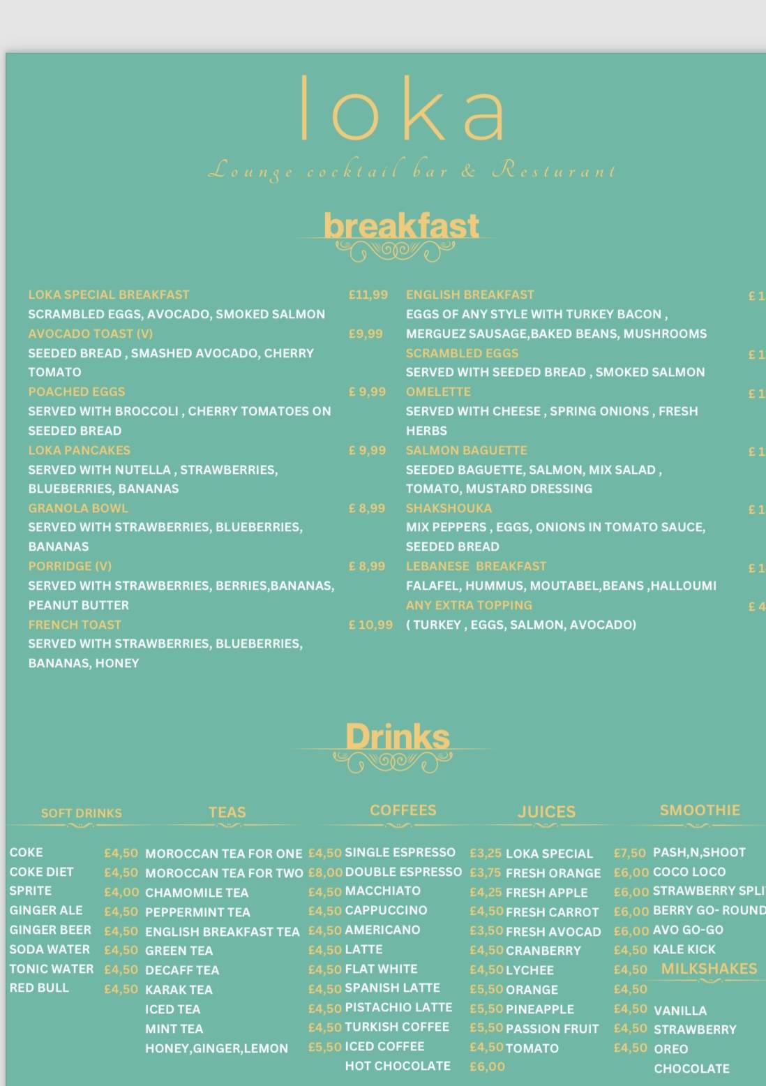 Menu at Loka Restaurant and lounge, London
