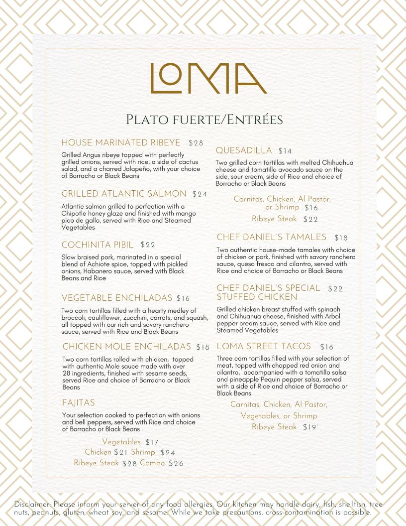 Menu at Loma restaurant, Rogers