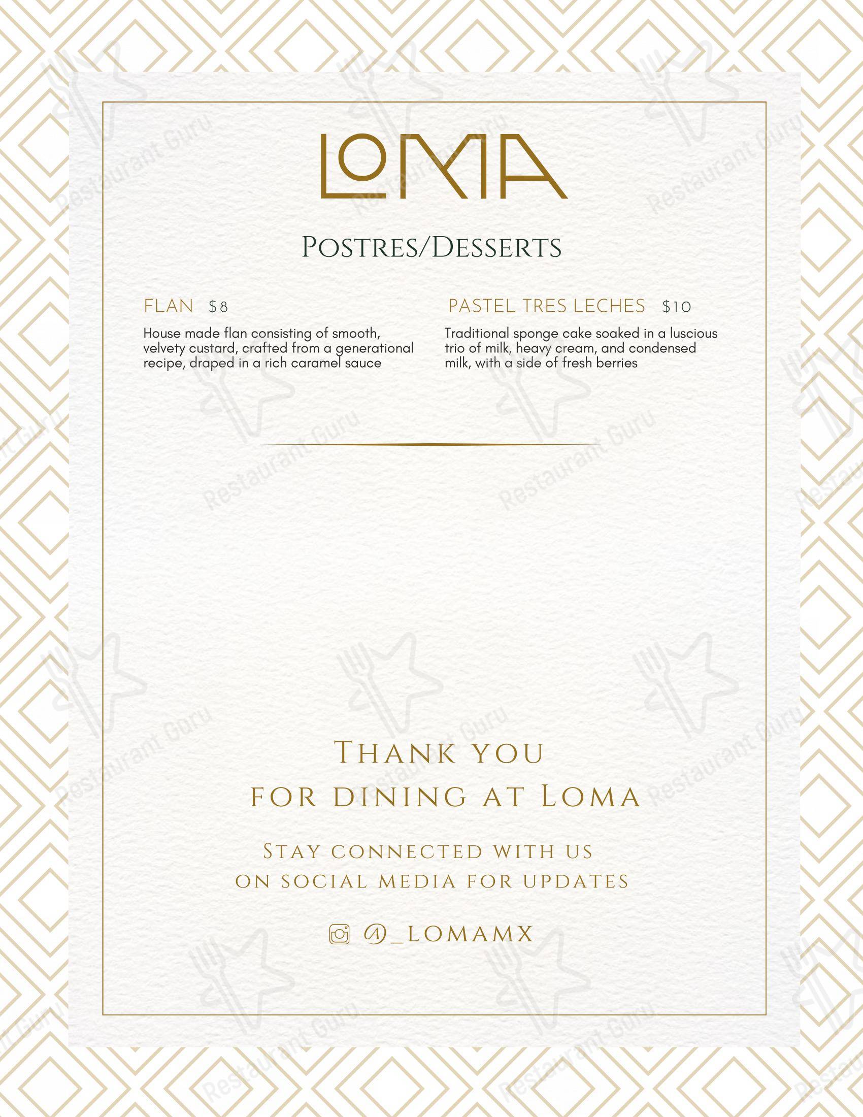 Menu at Loma restaurant, Rogers