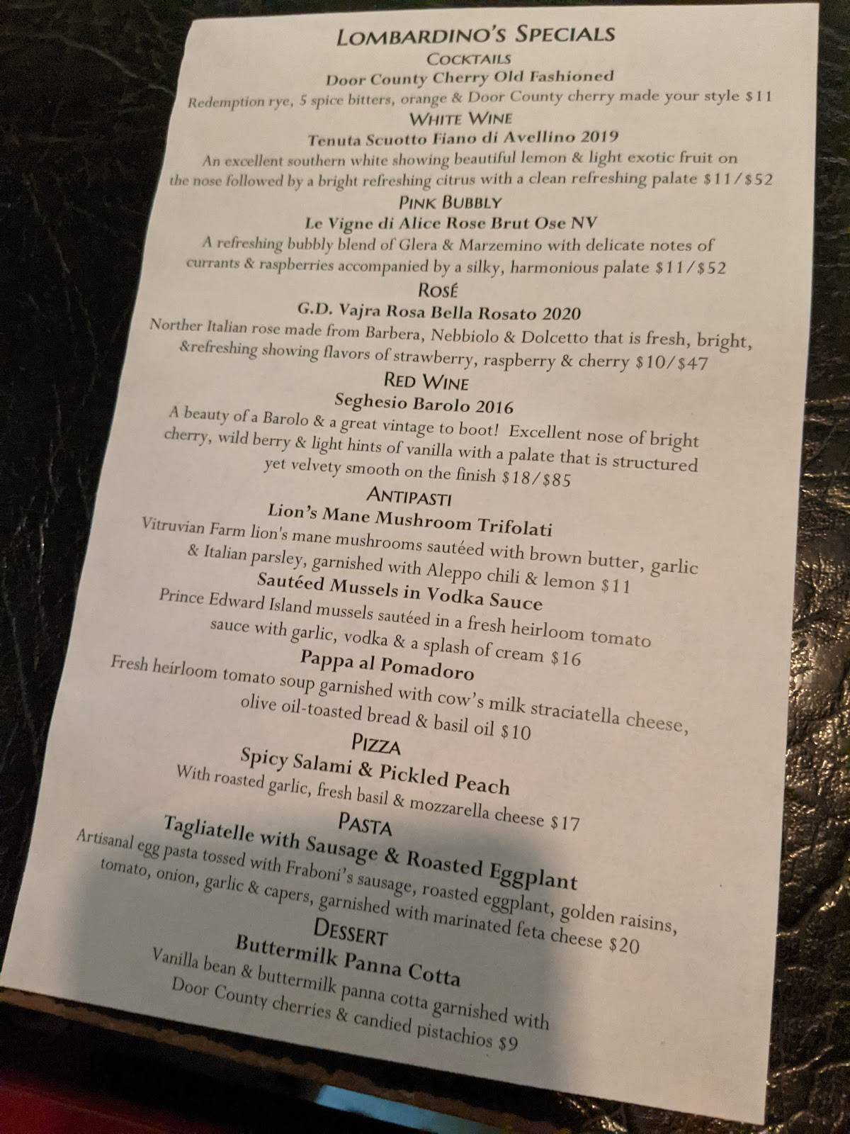 Menu at Lombardino's Restaurant, Madison