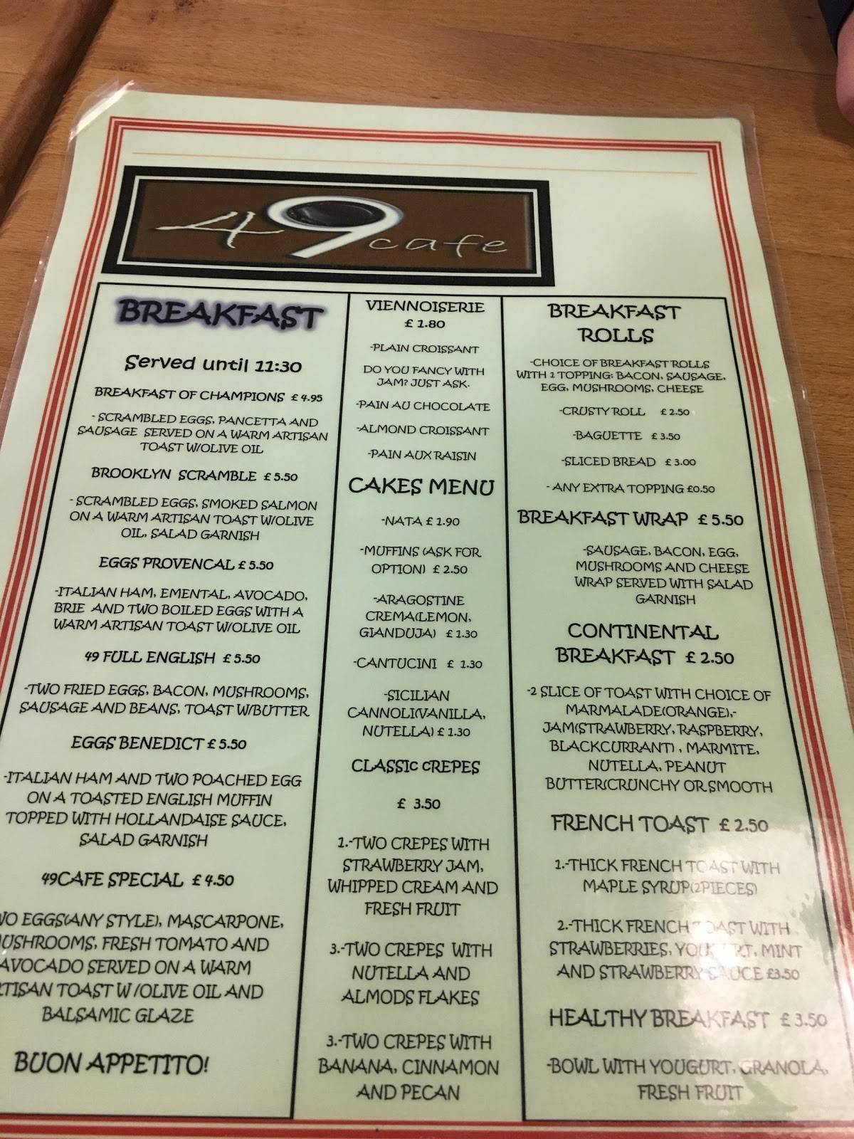 Menu at 49 Cafe, London