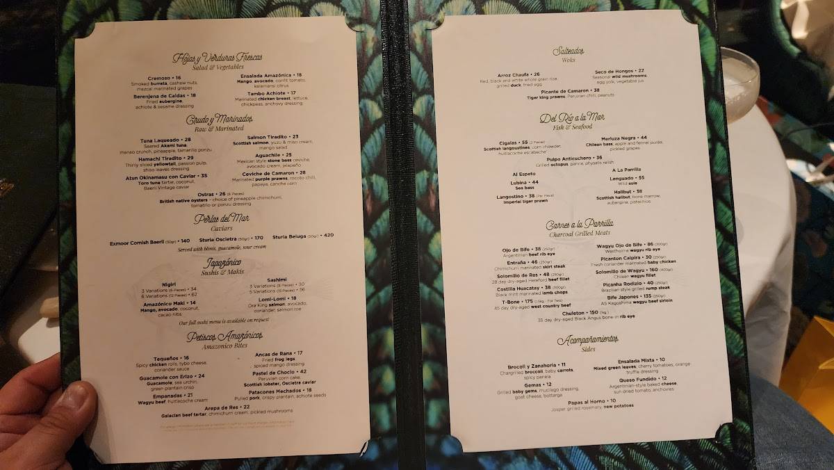 Menu at Amazonico London restaurant, London