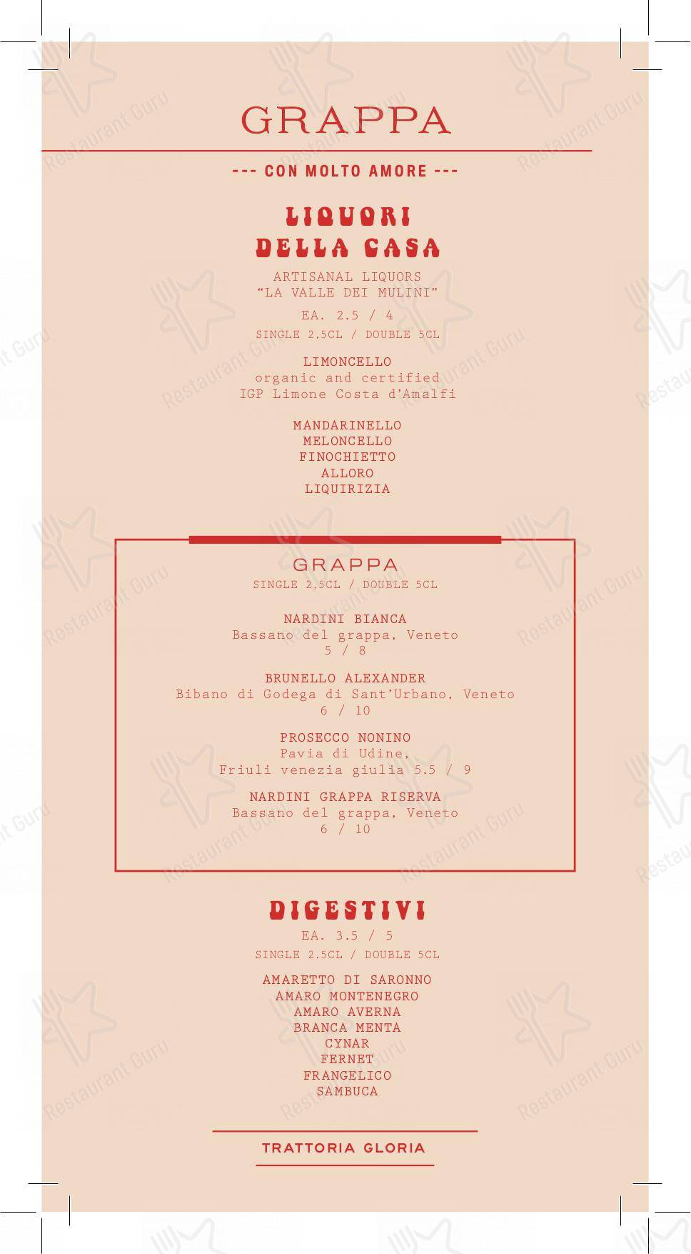 Menu at Gloria restaurant, London, 54-56 Great Eastern St