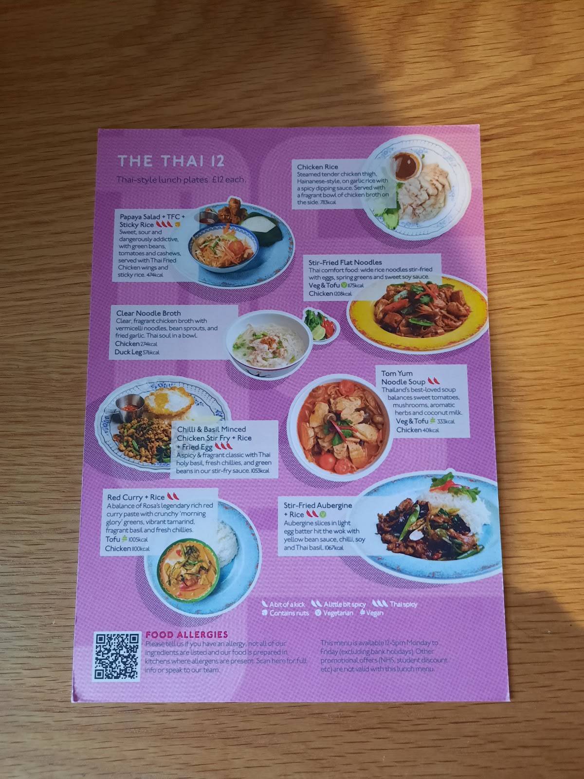 Menu at Rosa's Thai restaurant, London