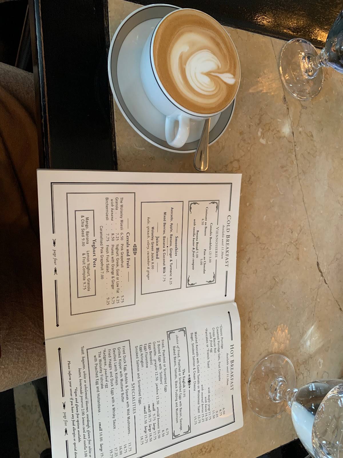 Menu at The Wolseley cafe, London