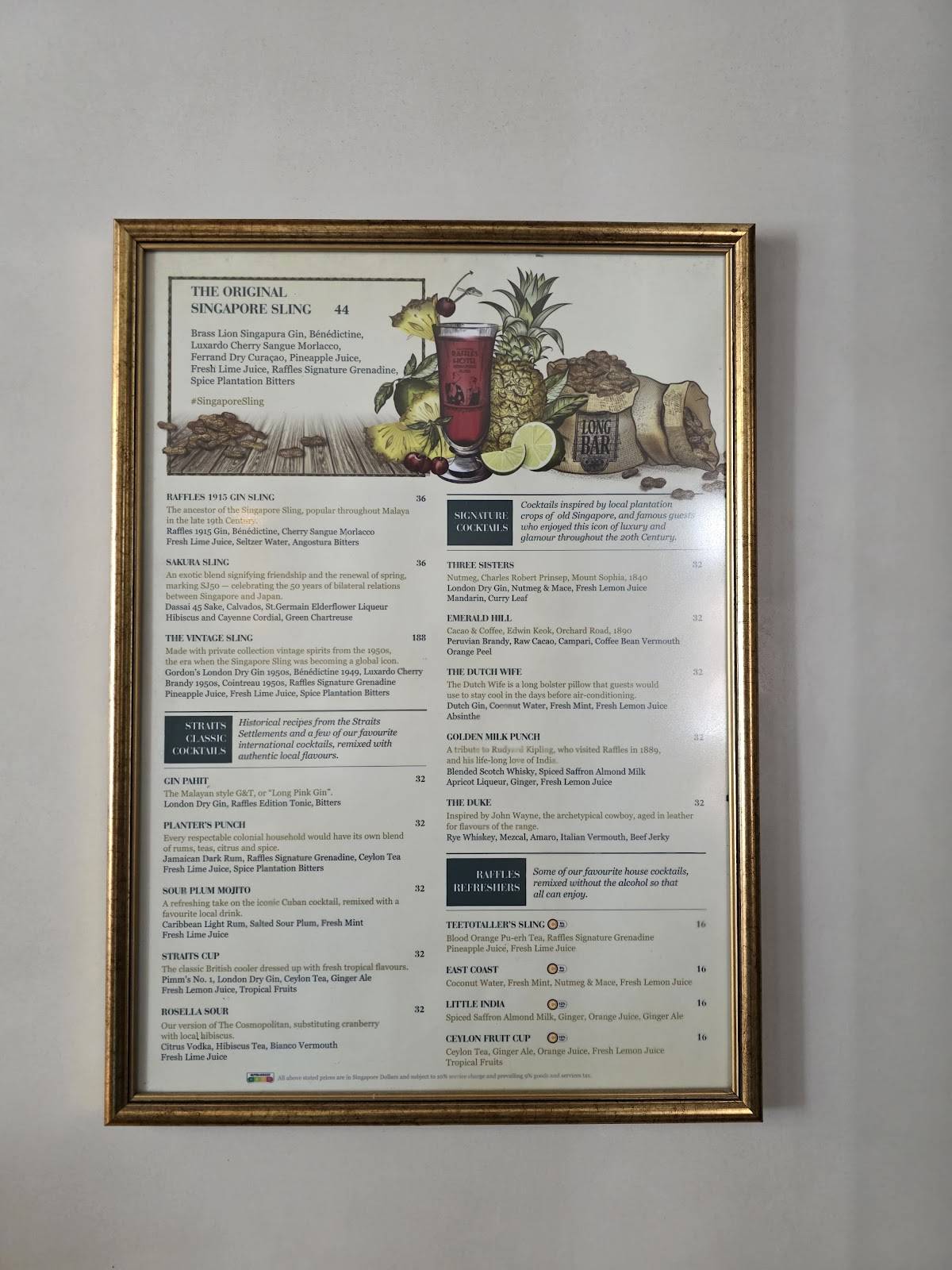 Menu at Long Bar, Singapore, 1 Beach Rd
