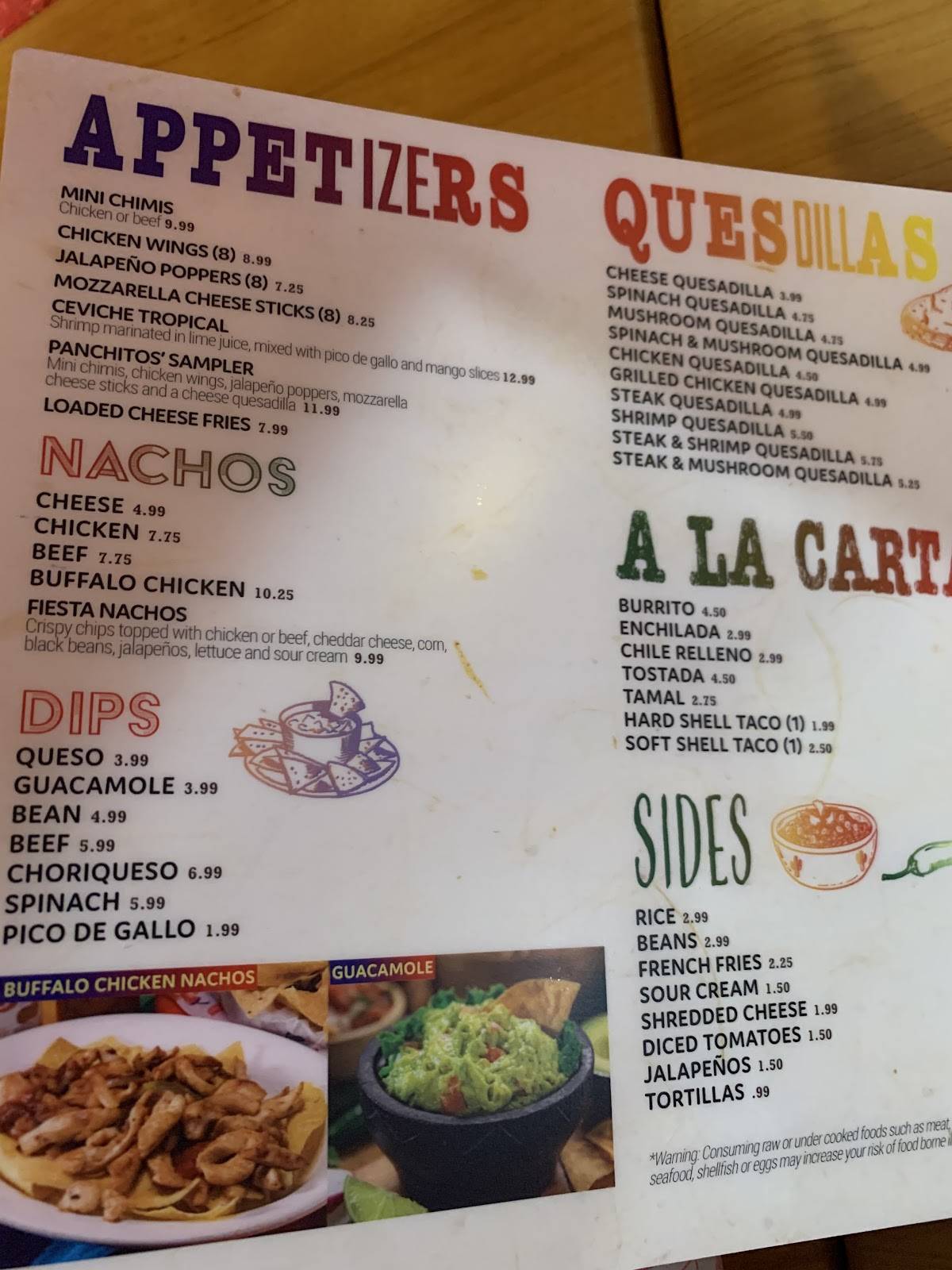 Menu at Panchito's Villa restaurant, Loris, Broad St