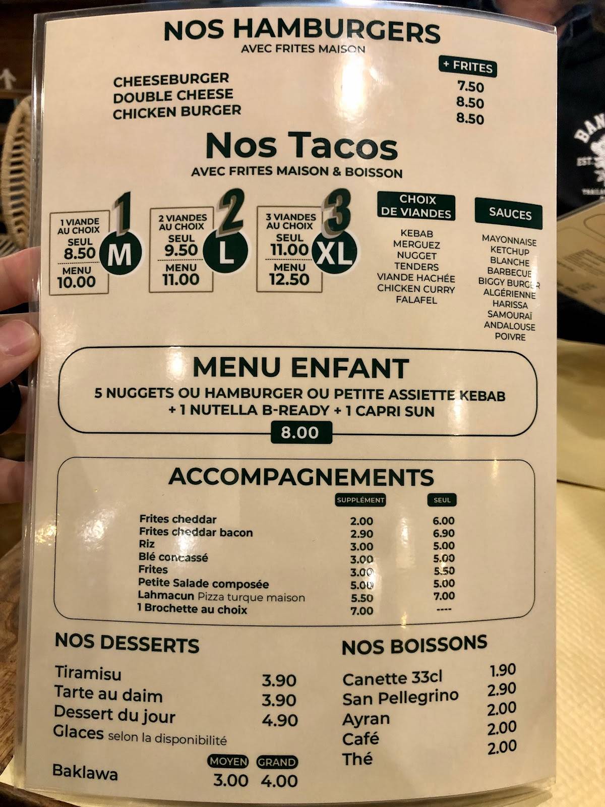 Menu at Los Brothers fast food, Paris