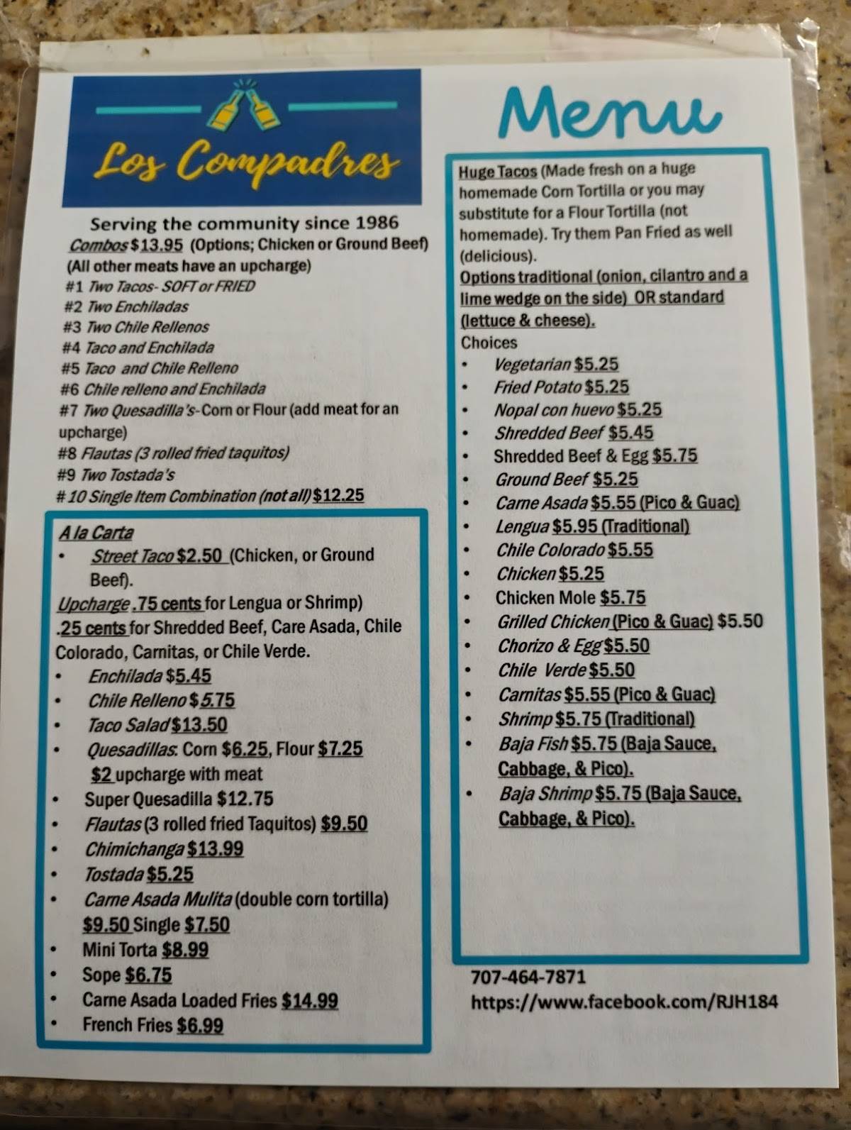 Menu at Los Compadres Mexican Restaurant, Crescent City