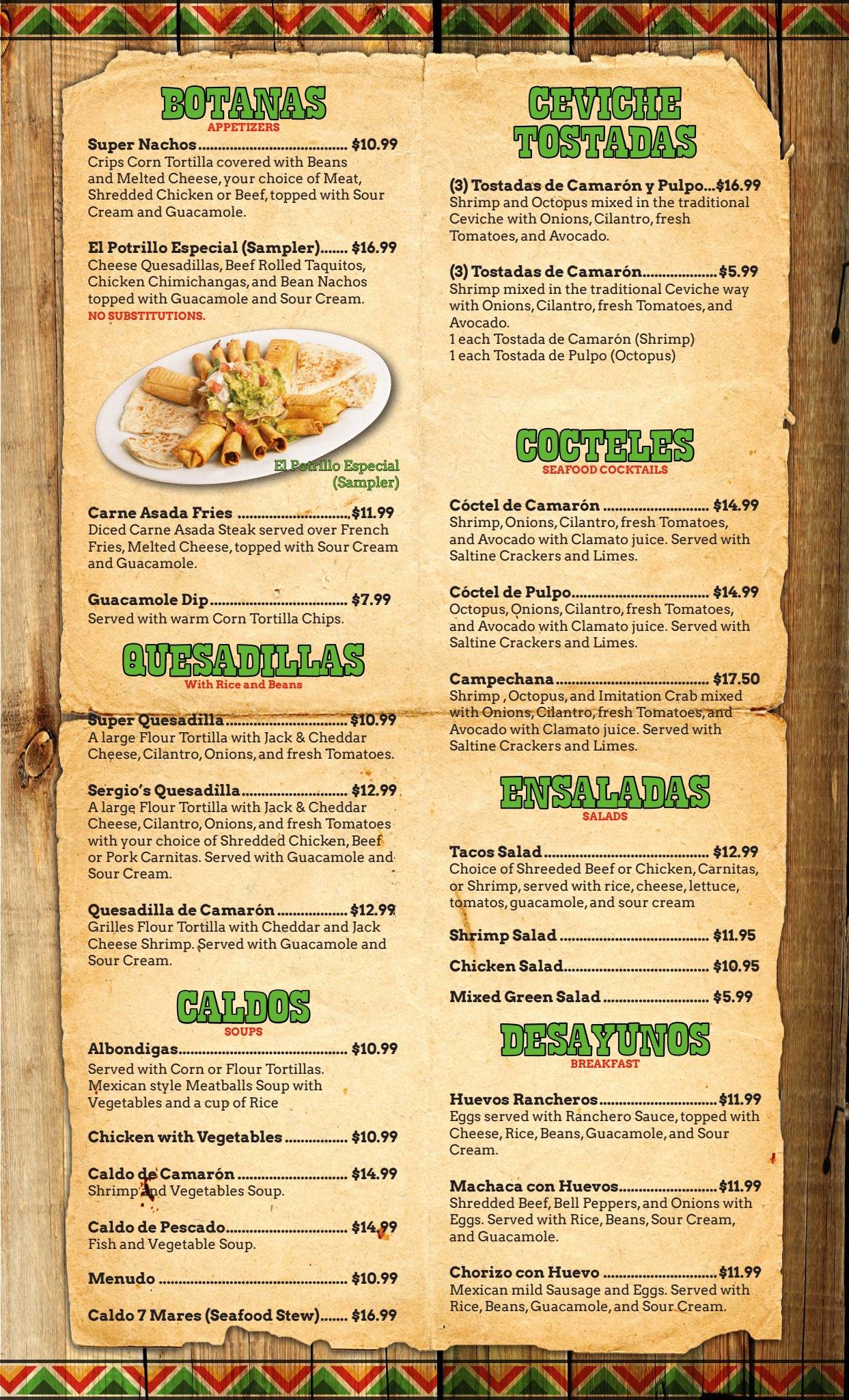 Menu at Los 2 Potrillos restaurant, Spanish Fork