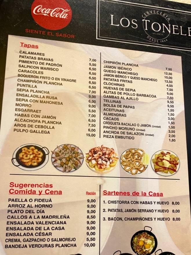 Carta del pub y bar Los Toneles, Valencia