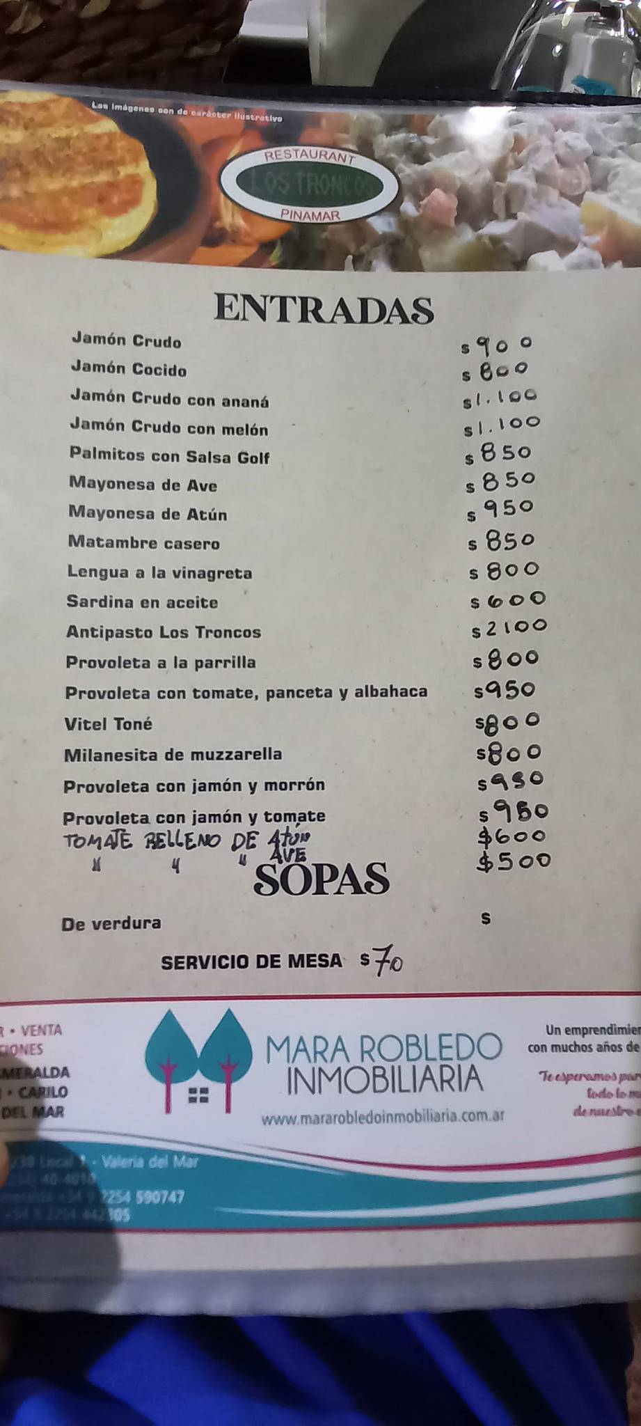 Carta del restaurante Los Troncos, Pinamar, entre Lenguado y Pejerrey