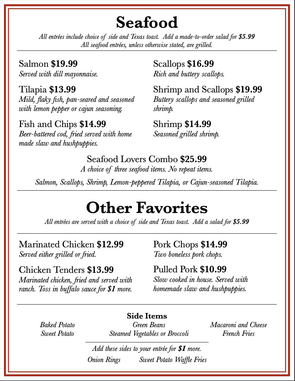 Menu at Johnny Bull's Steakhouse, Louisburg