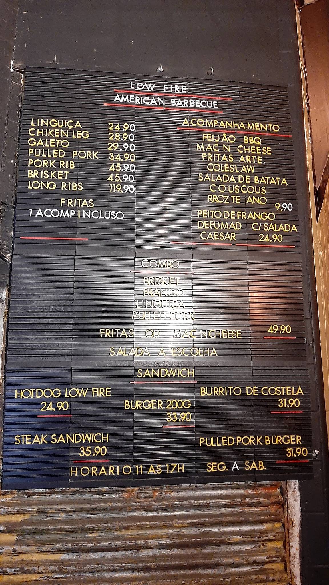 Menu em Low Fire restaurante, Rio de Janeiro