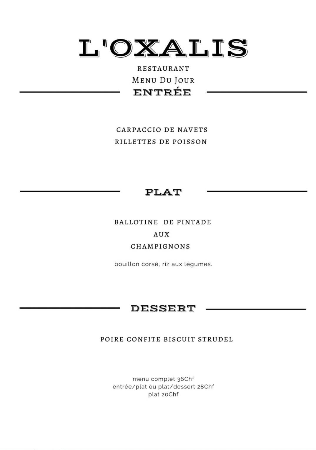 Speisekarte von L'oxalis Restaurant, Port-Valais, Rte Cantonale 51