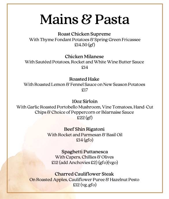 Menu at Luca restaurant, Sheffield