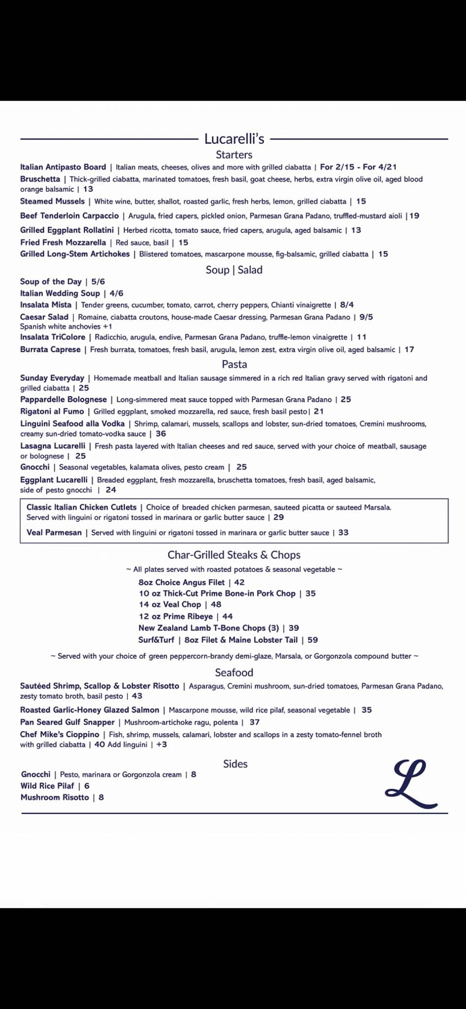 Menu at Lucarelli's Italian Restaurant, Venice