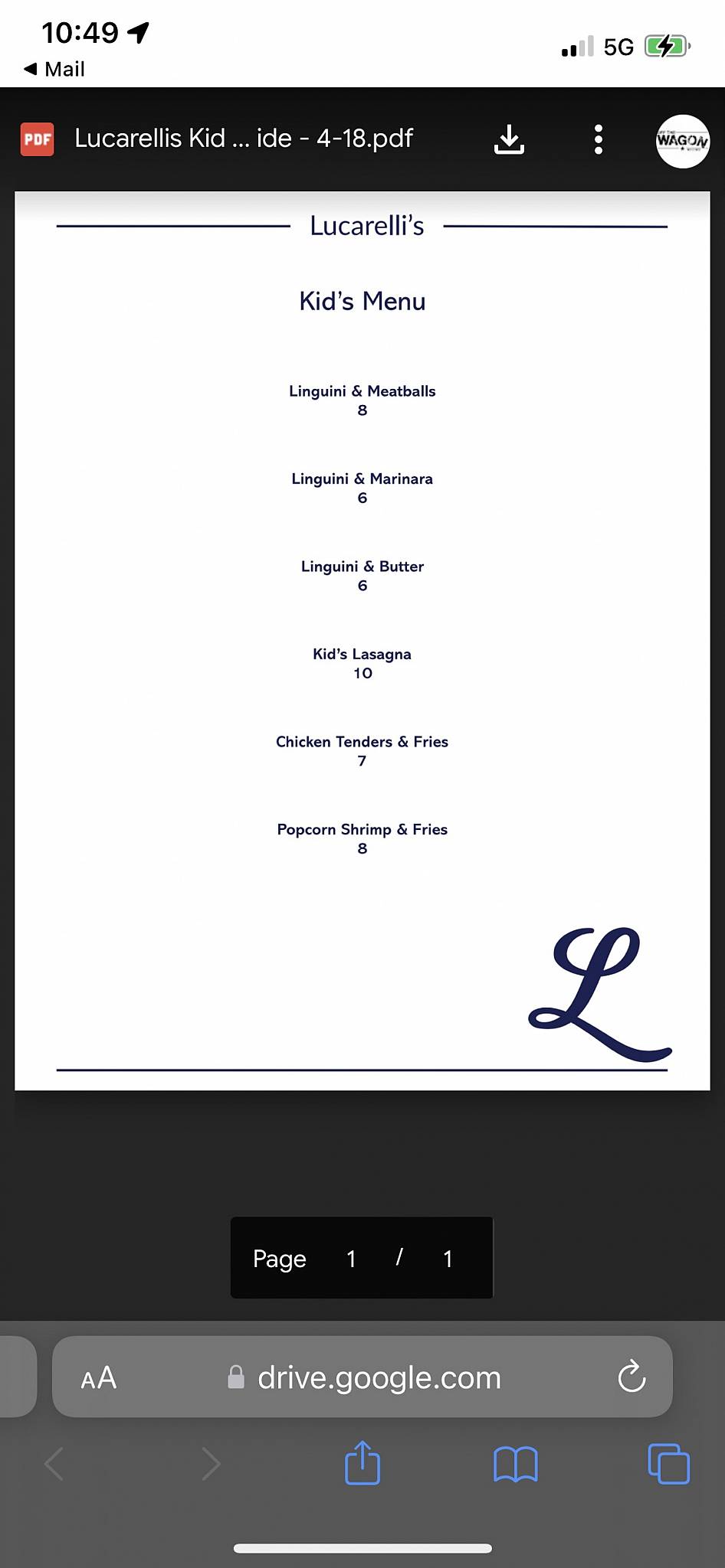 Menu at Lucarelli's Italian Restaurant, Venice