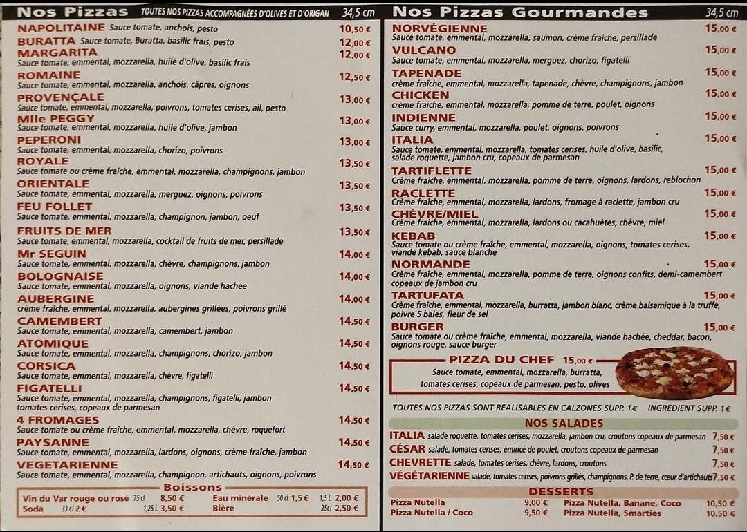 Menu au Luca's pizza restaurant, Six-Fours-les-Plages