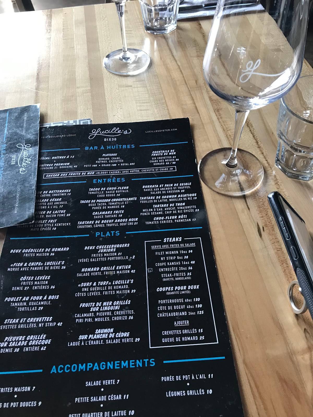 Menu au Lucille's Dix30 pub et bar, Brossard