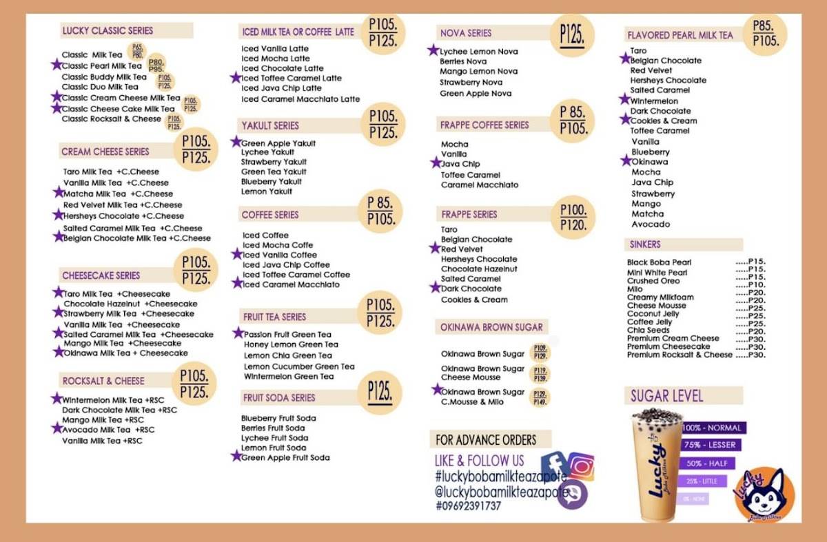 Carta del restaurante Lucky Boba Milk Tea Zapote, Caloocan