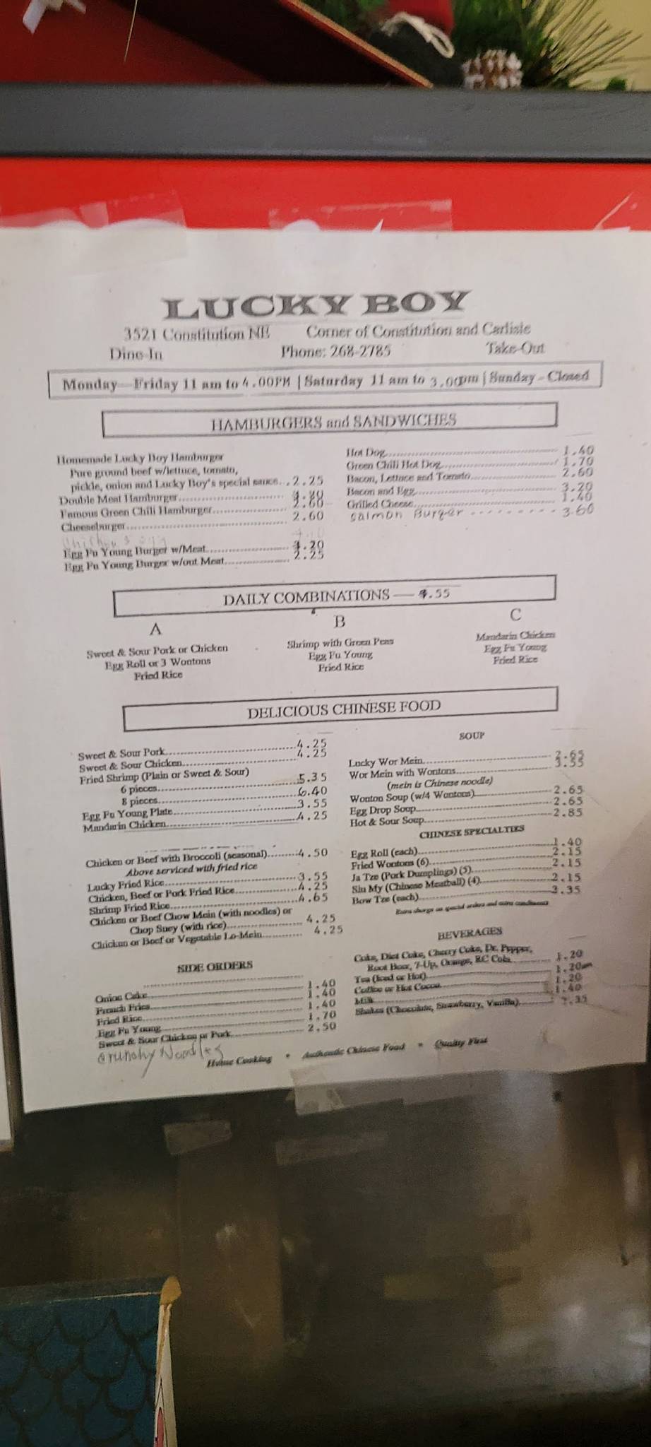 Menu at Lucky Boy restaurant, Albuquerque