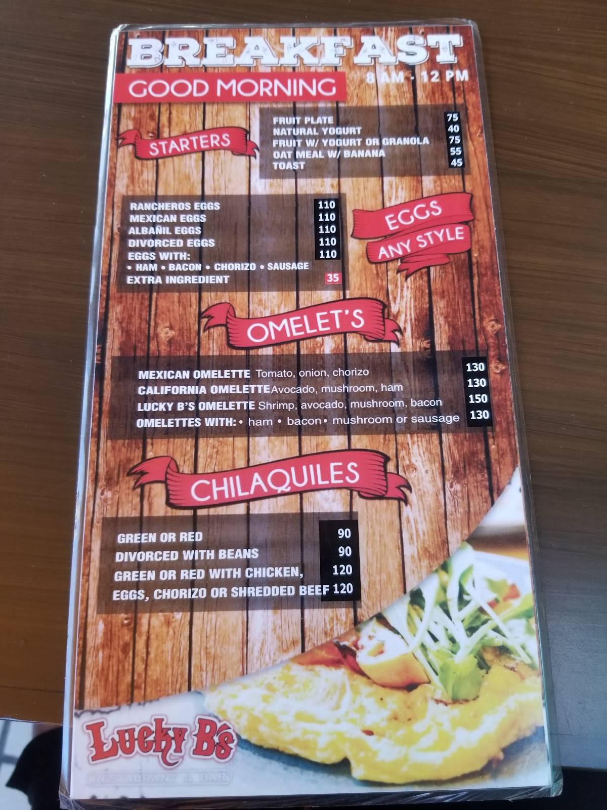 Menu at Lucky B's Cantina Grill restaurant, Mazatlán