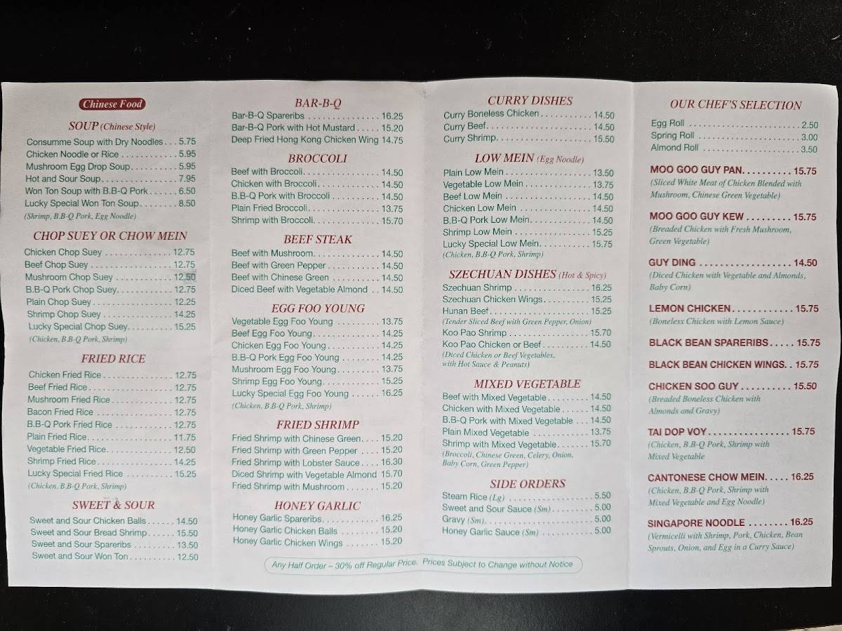 Menu at Lucky Garden restaurant, Blind River