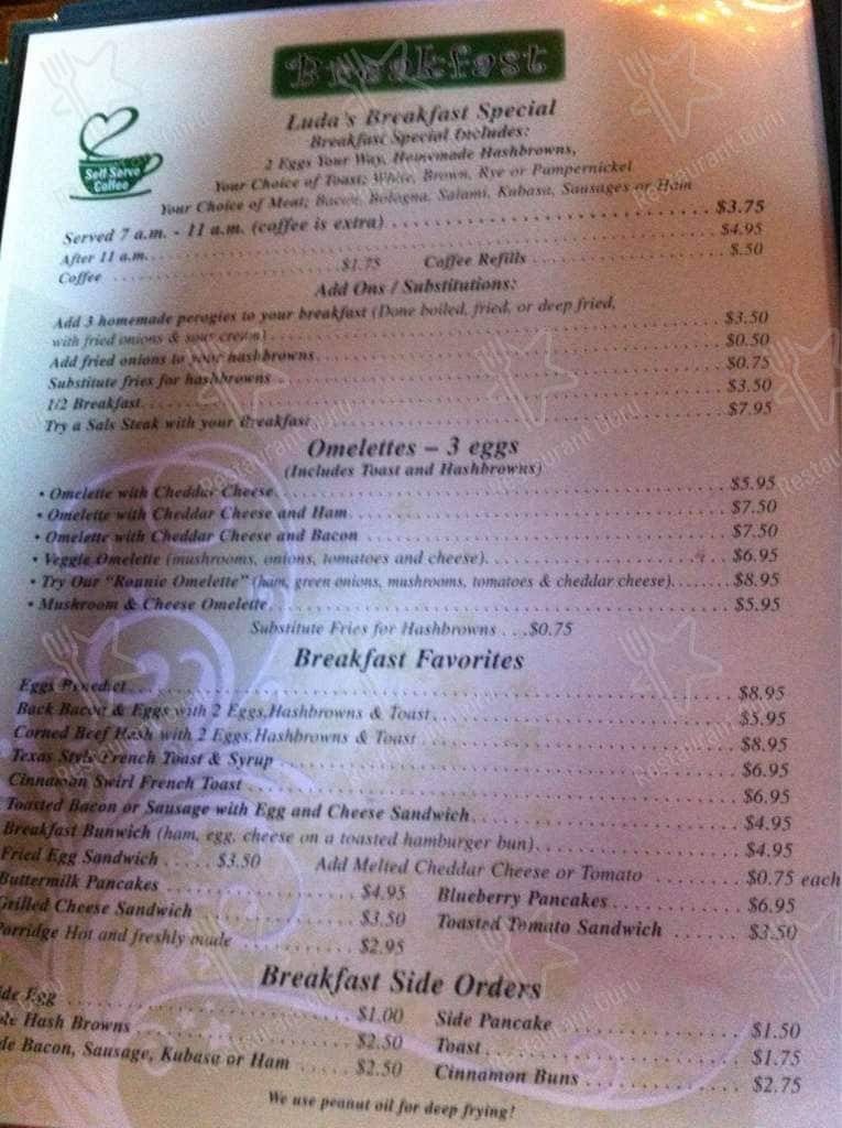 Menu at Luda's Deli restaurant, Winnipeg