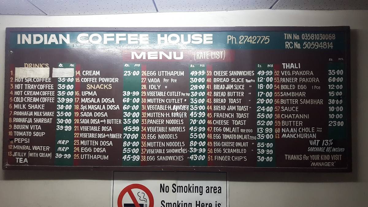 Menu at Indian Coffee House, Ludhiana, No.18
