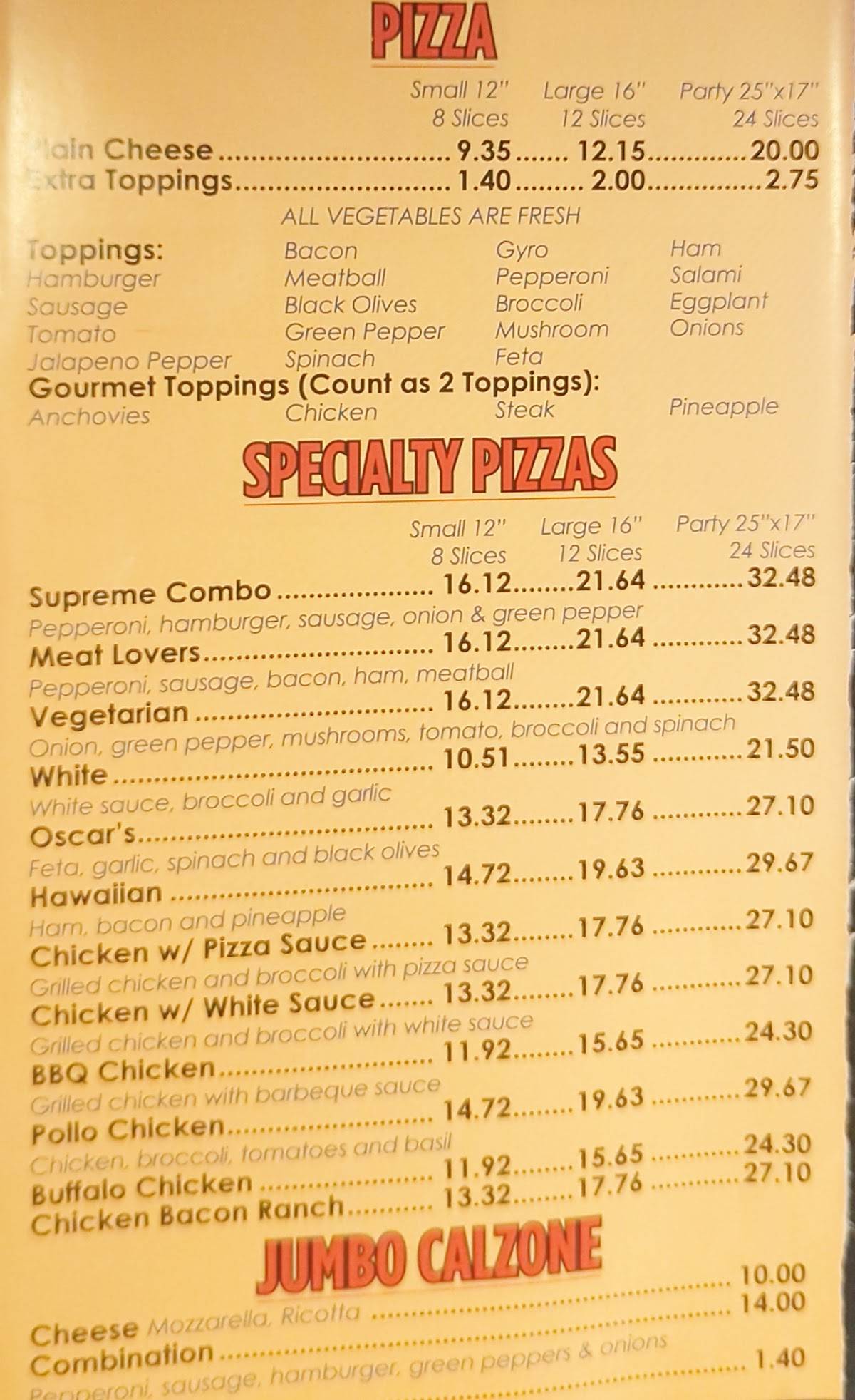 Menu at Oscar's Pizza Restaurant, Ludlow