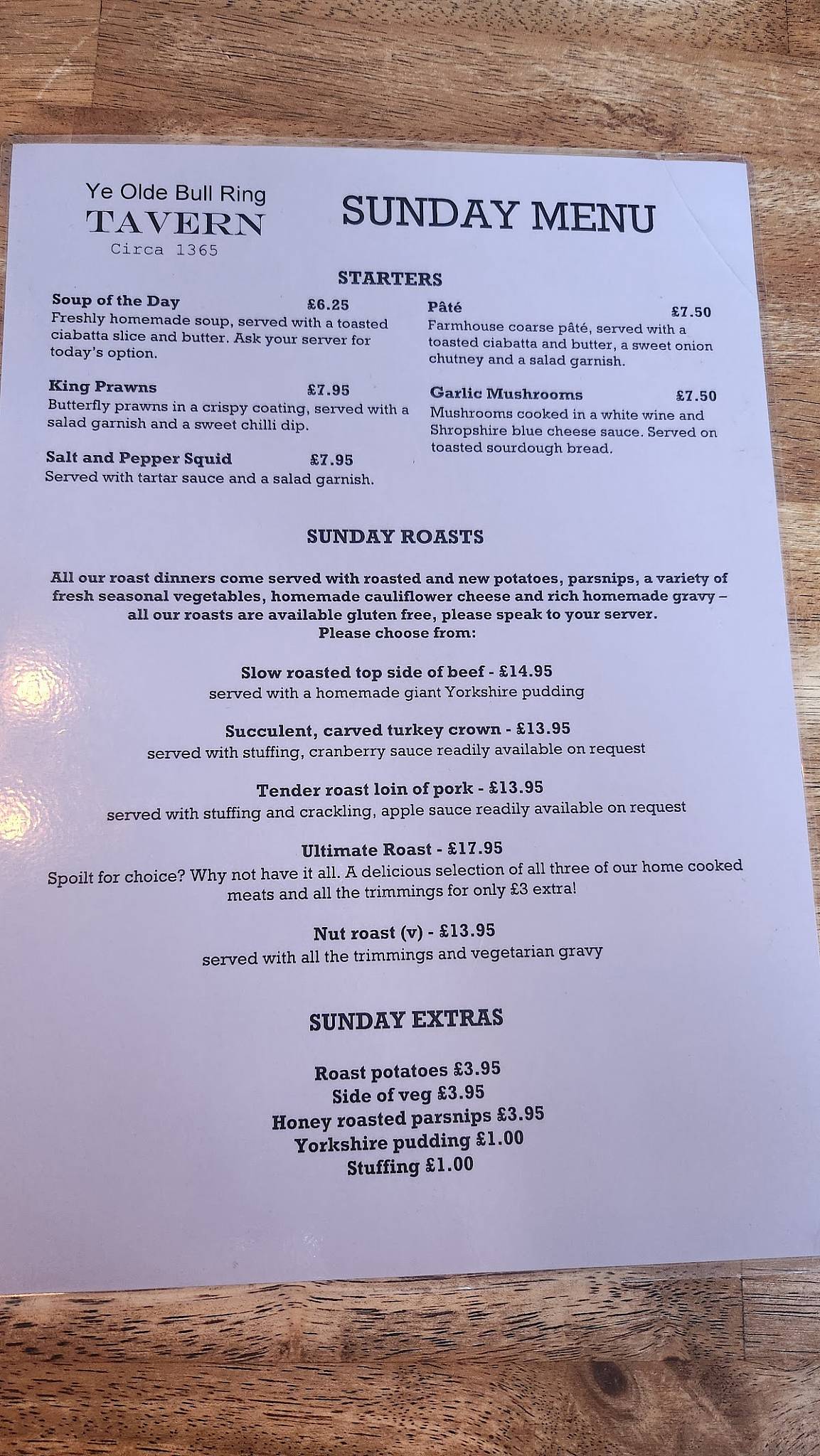 Menu at Ye Olde Bull Ring Tavern pub & bar, Ludlow